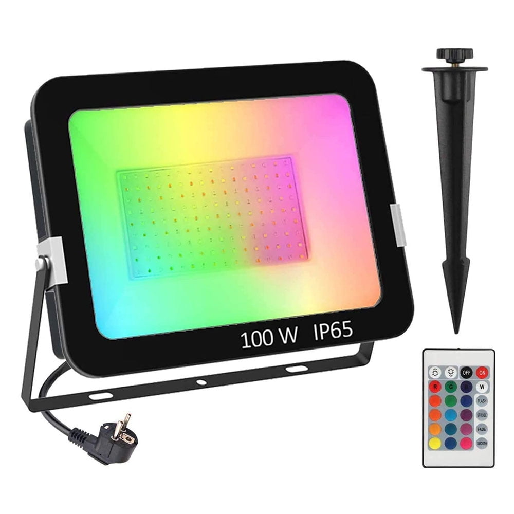 RGB LED Flood Light 100W Outdoor Floodlight with 24 Key Remote Control ...