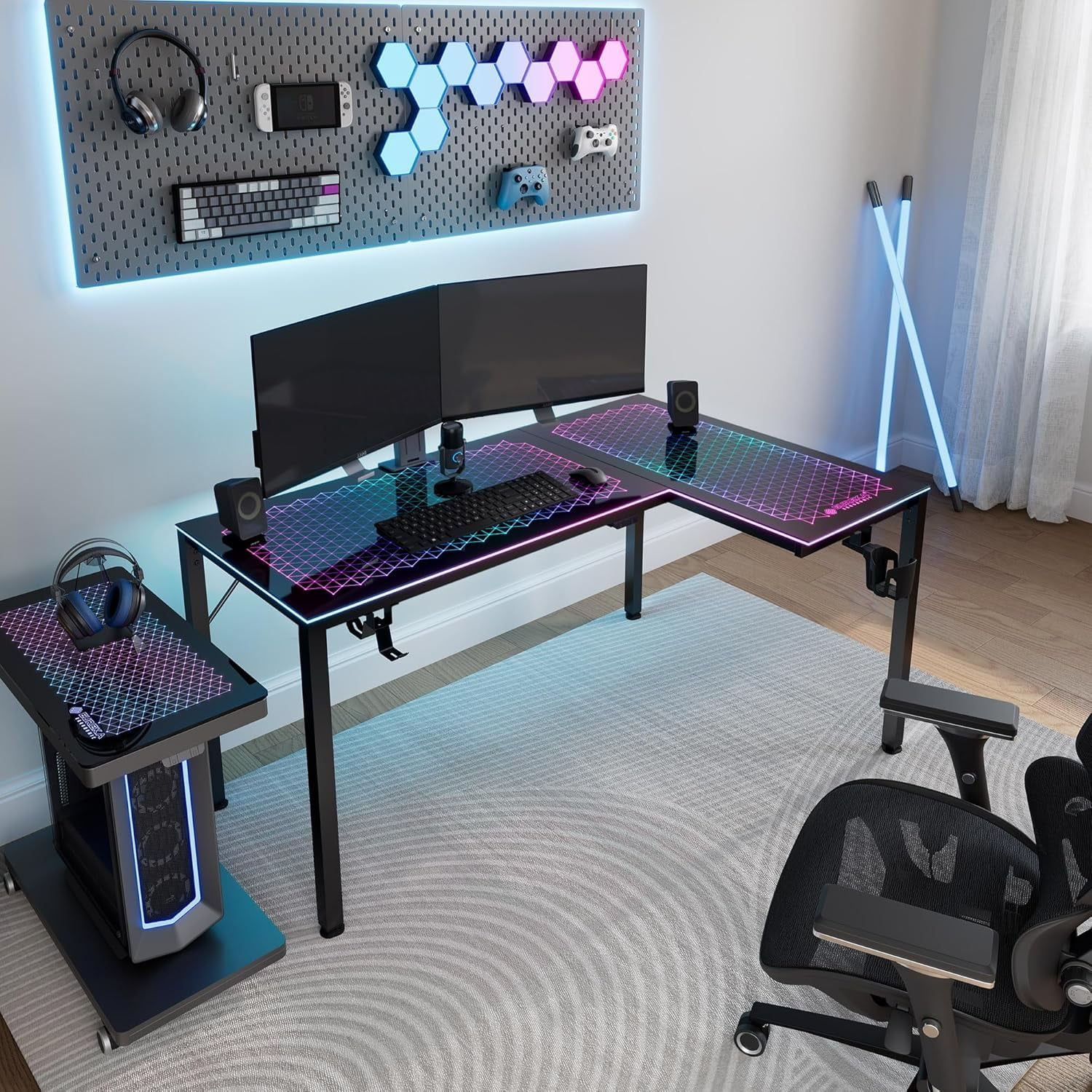 RGB LED Lights 60 Inch L Shaped Reversible Black Glass Gaming Desk Home ...