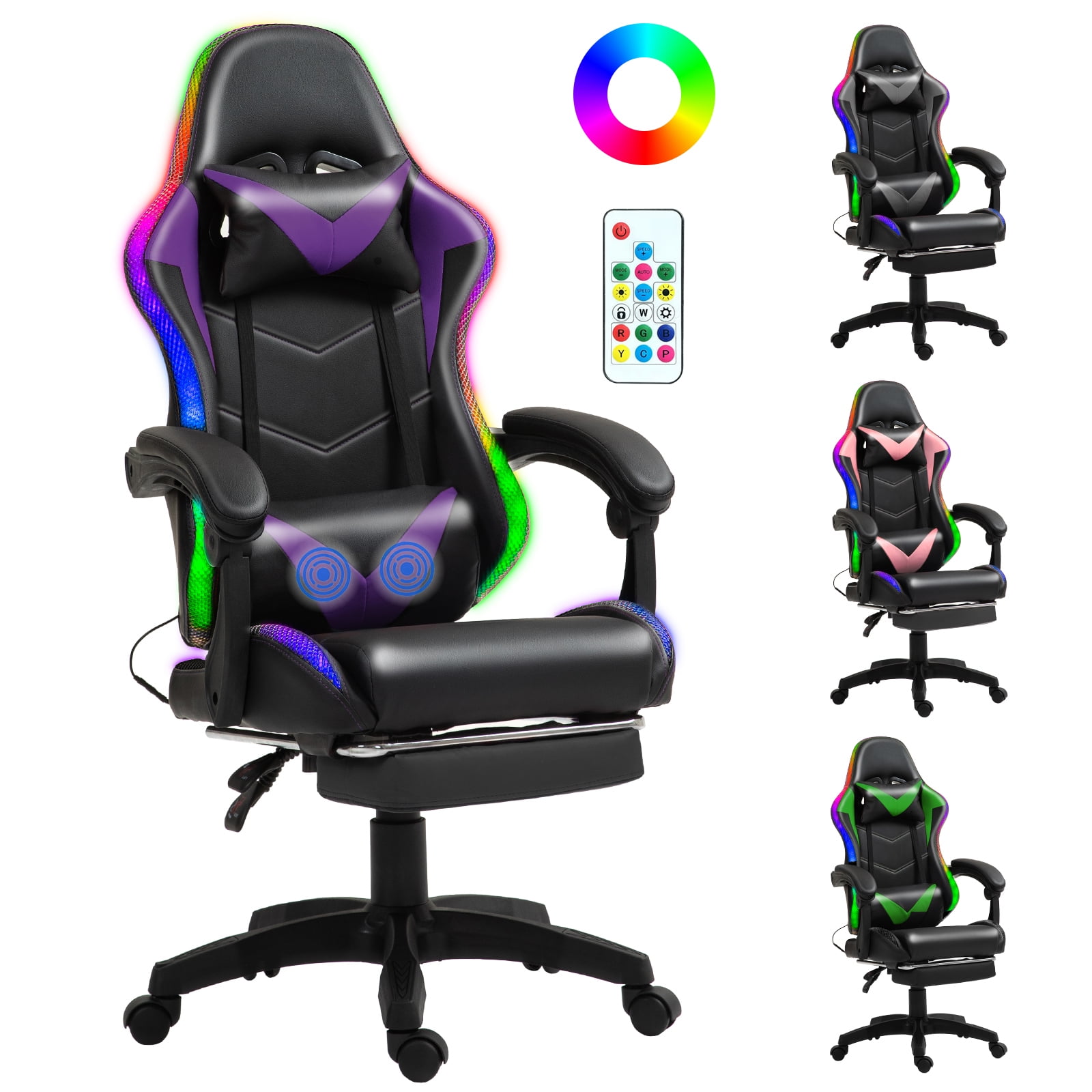 RGB LED Lights Gaming Chair with Footrest for Adults and Kids, Lumbar ...