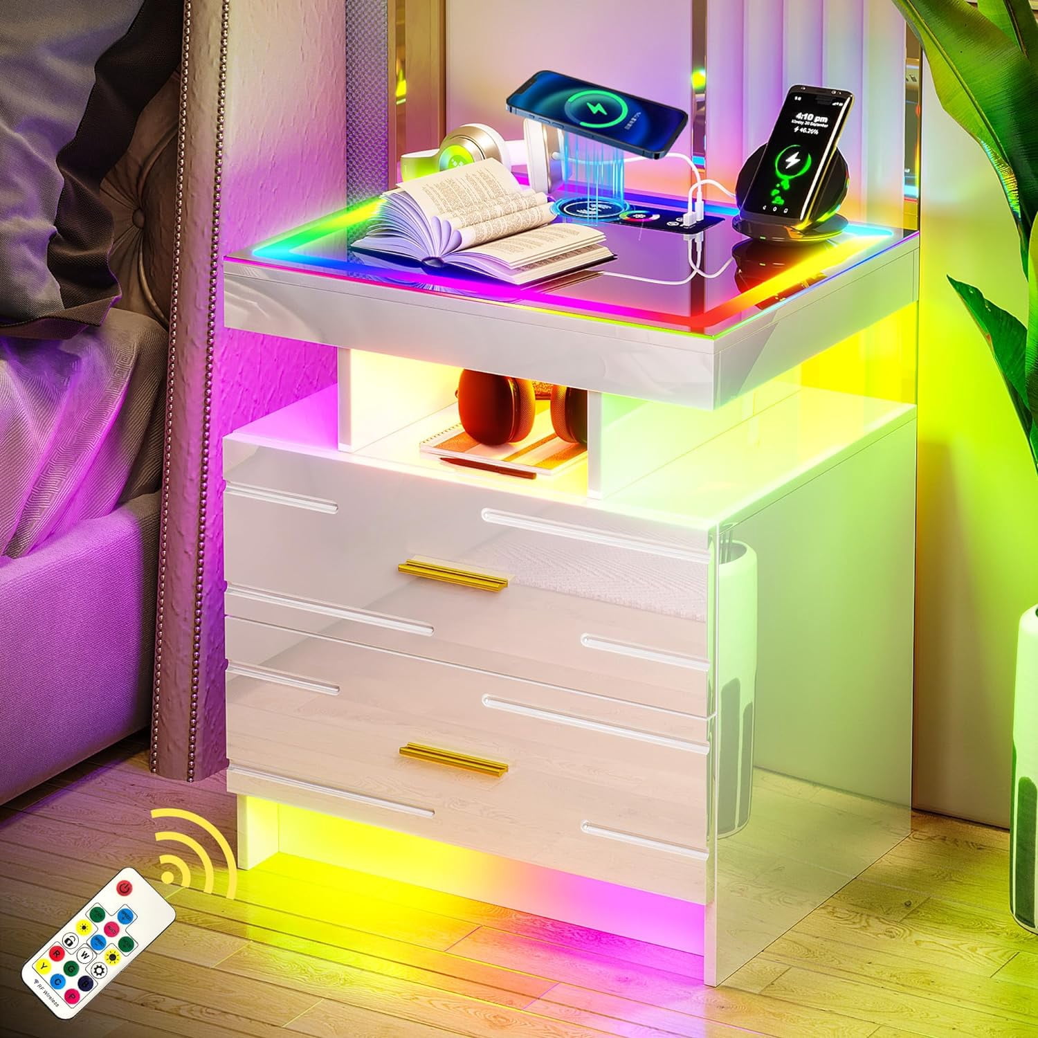 RGB LED Nightstand with Charging Station, White Night Stand with Touch ...