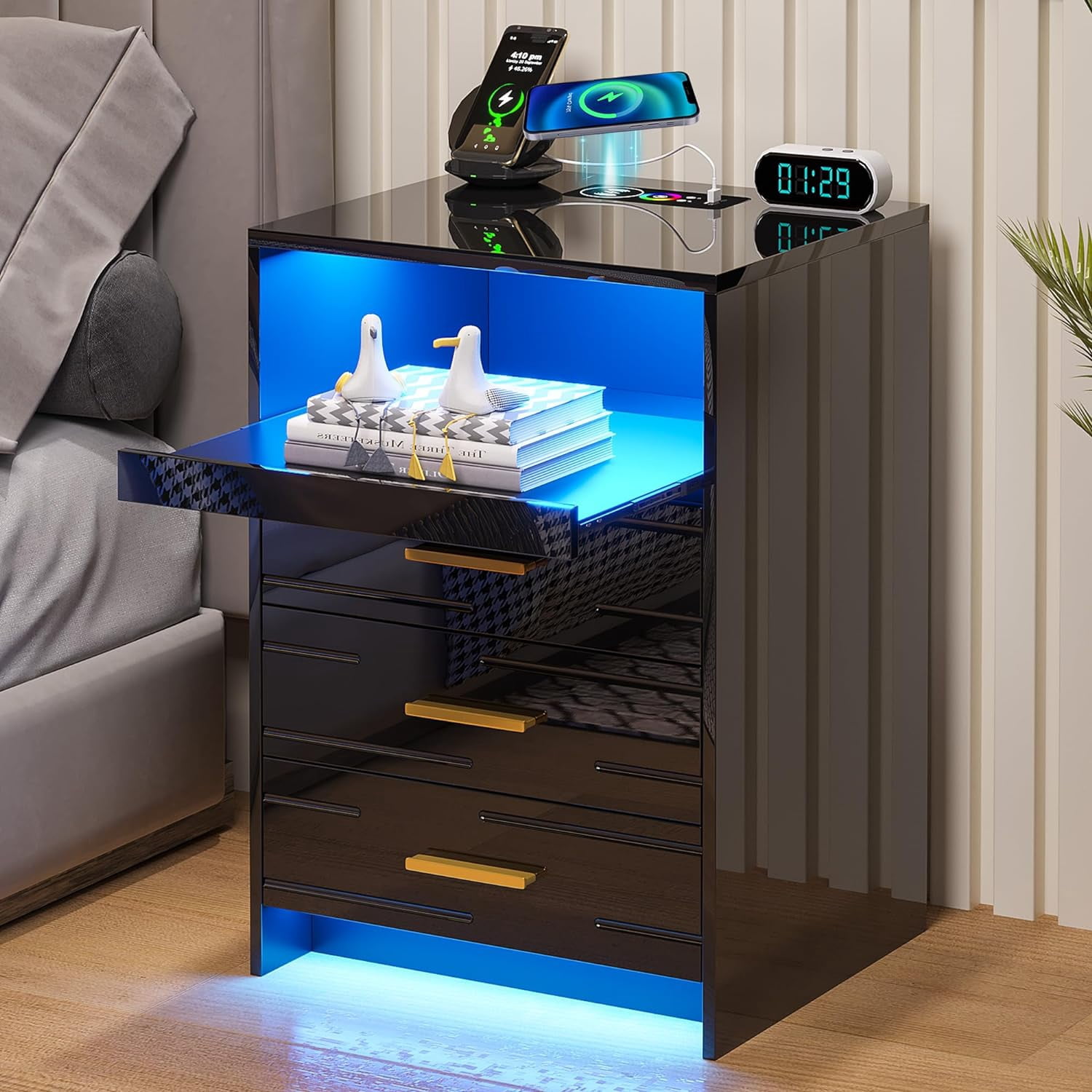 RGB LED Nightstand with Wireless Charging Station, Smart Night Stand ...