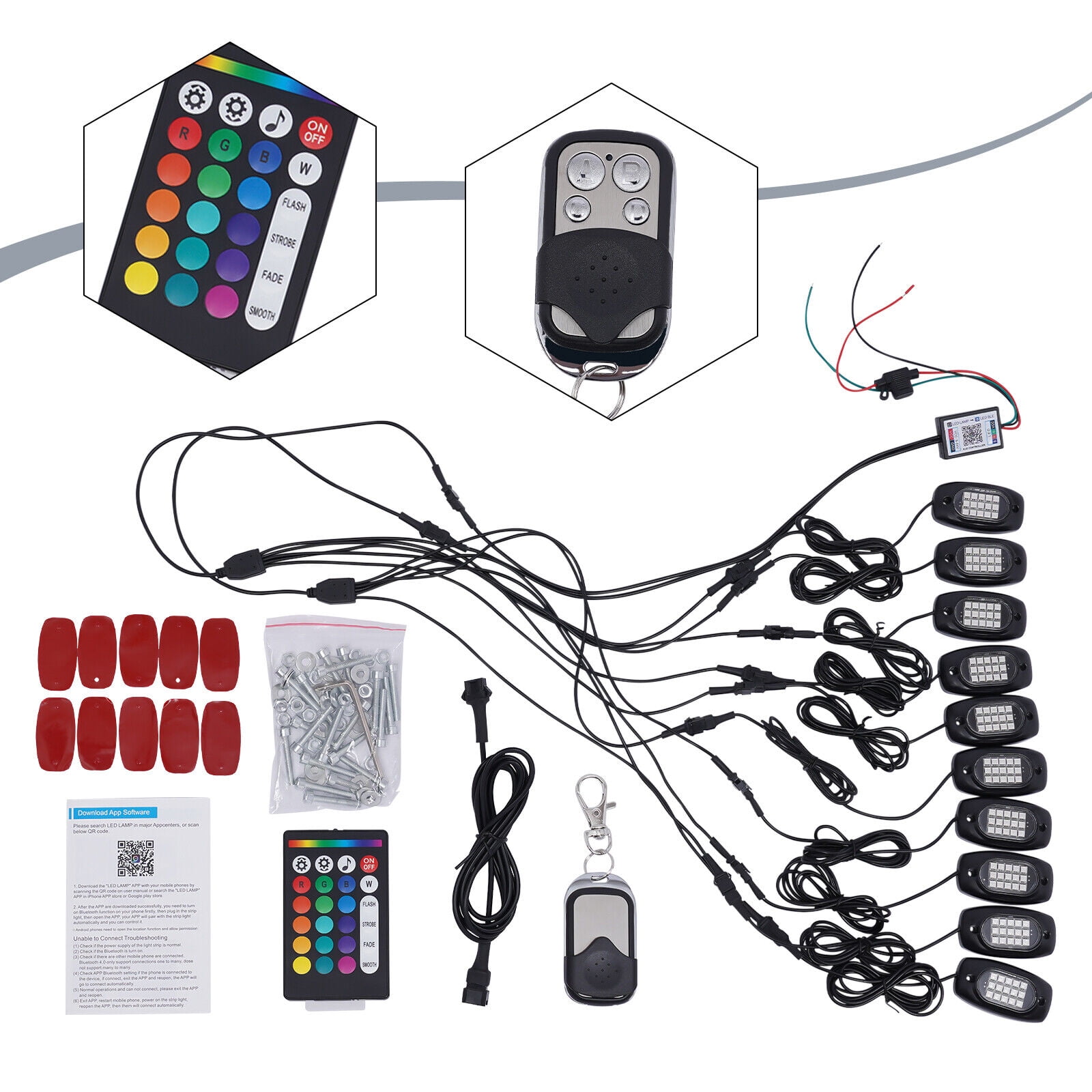 RGB LED Rock Lights Kit 10 Pods Underbody Neon Music Light Wireless APP ...