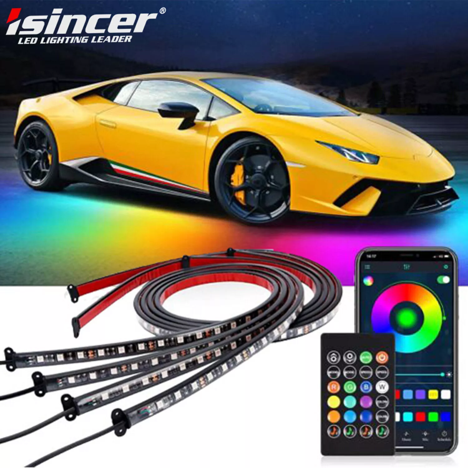 RGB LED Strip Under Car Tube Underglow Underbody System Neon Light w ...