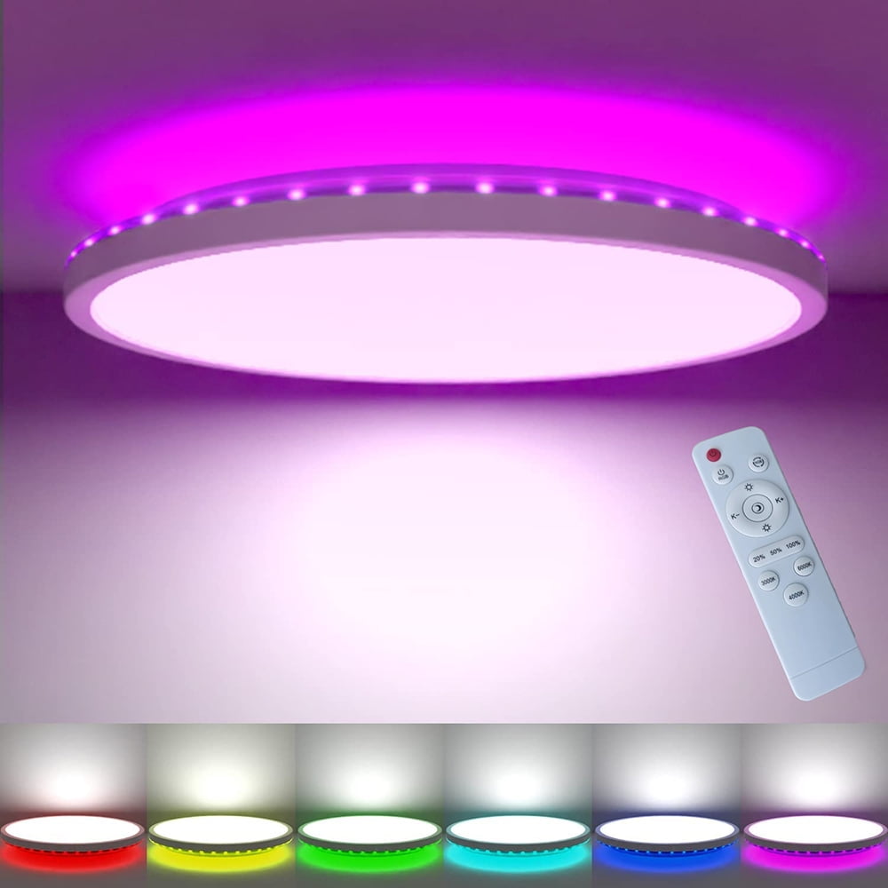 RGB LED ceiling light, 24 W ceiling light dimmable with remote control ...