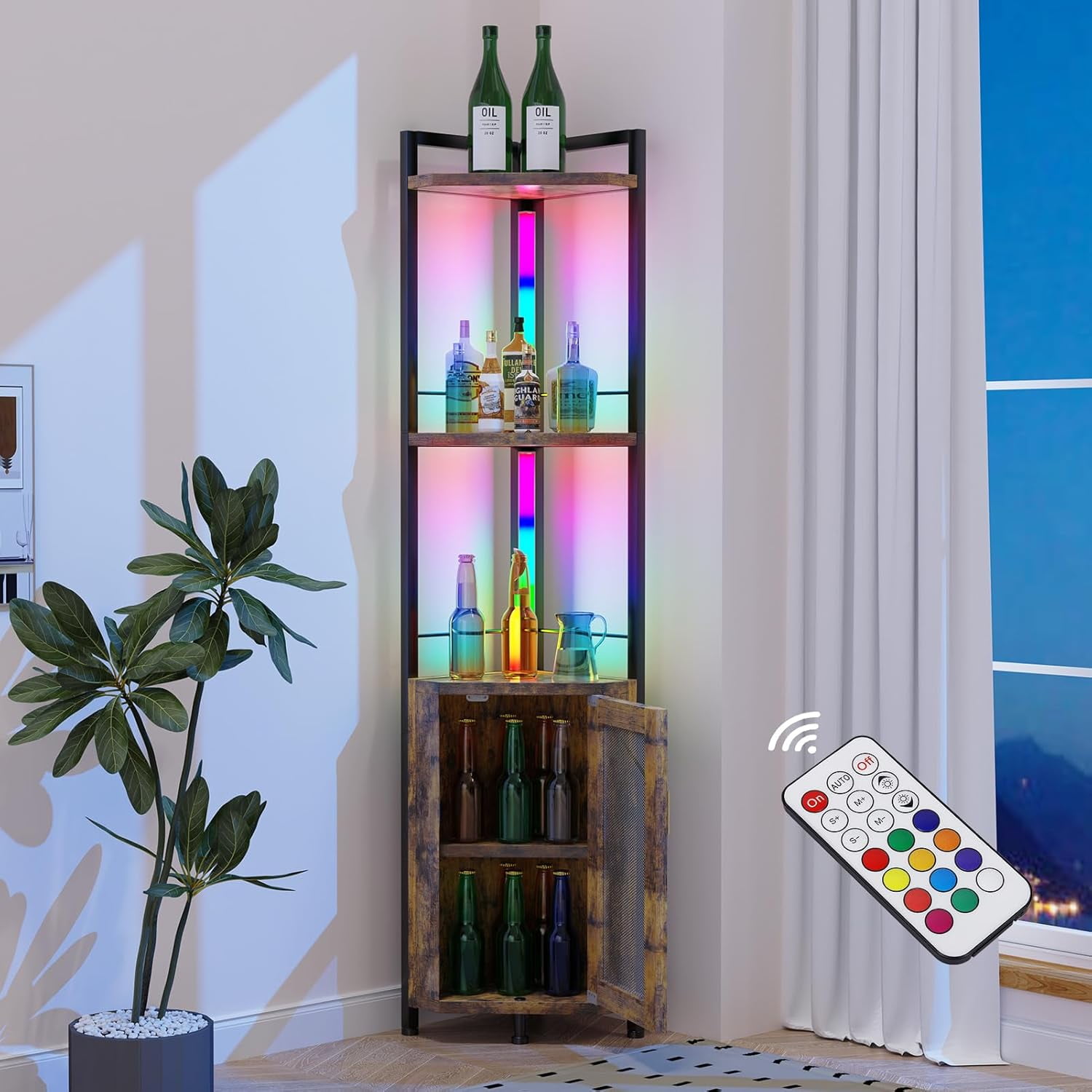 RGB Light bar Iron Wood Corner Shelf Stand Tall Book Shelf Decor Bar ...