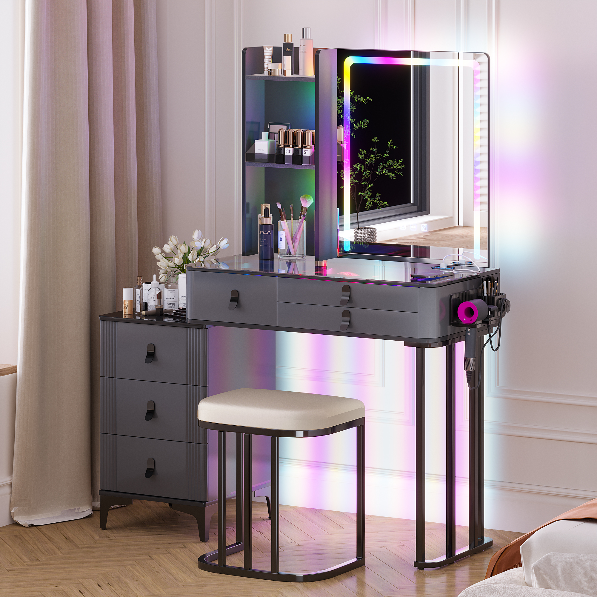 RGB Makeup Vanity Desk with Wireless Charging Station,7 Dynamic and 7 ...