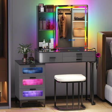 HNEBC Large Bedroom Vanity Desk with RGB LED Lights, Mirror, USB ...