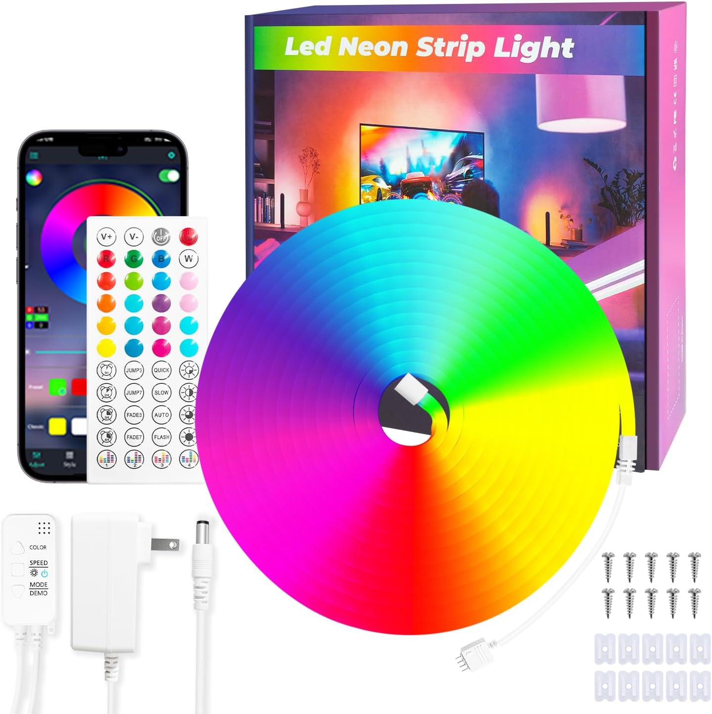RGB Neon LED Strip Lights, 16.4ft/5m LED Lights for Bedroom with 44key ...