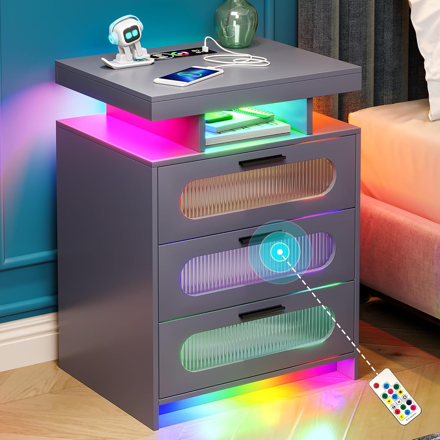 RGB Night Stand with Wireless Charging Station Modern Bedside Table ...