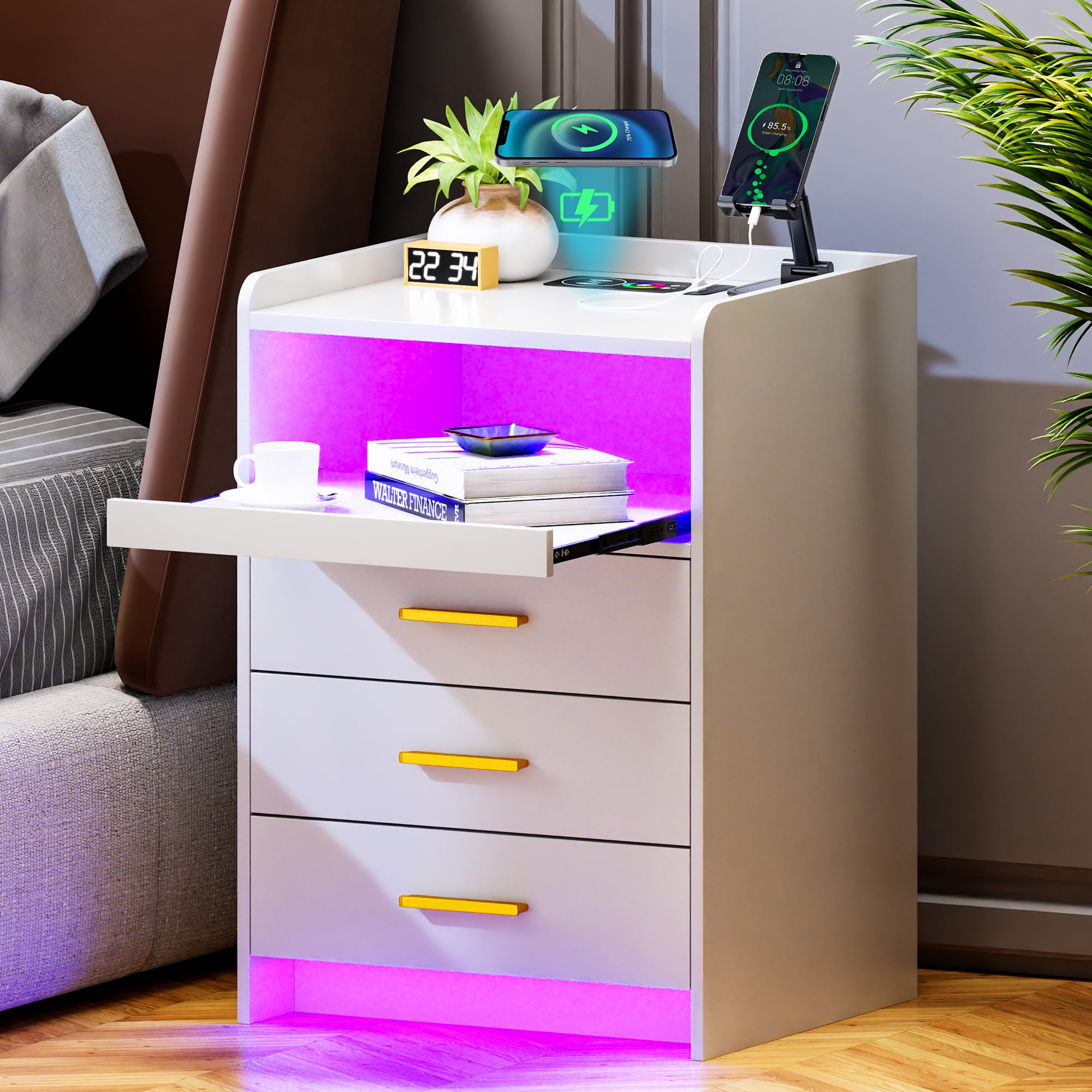 RGB Nightstand with Wireless Charging Station, Auto Sensor LED 24 Color ...