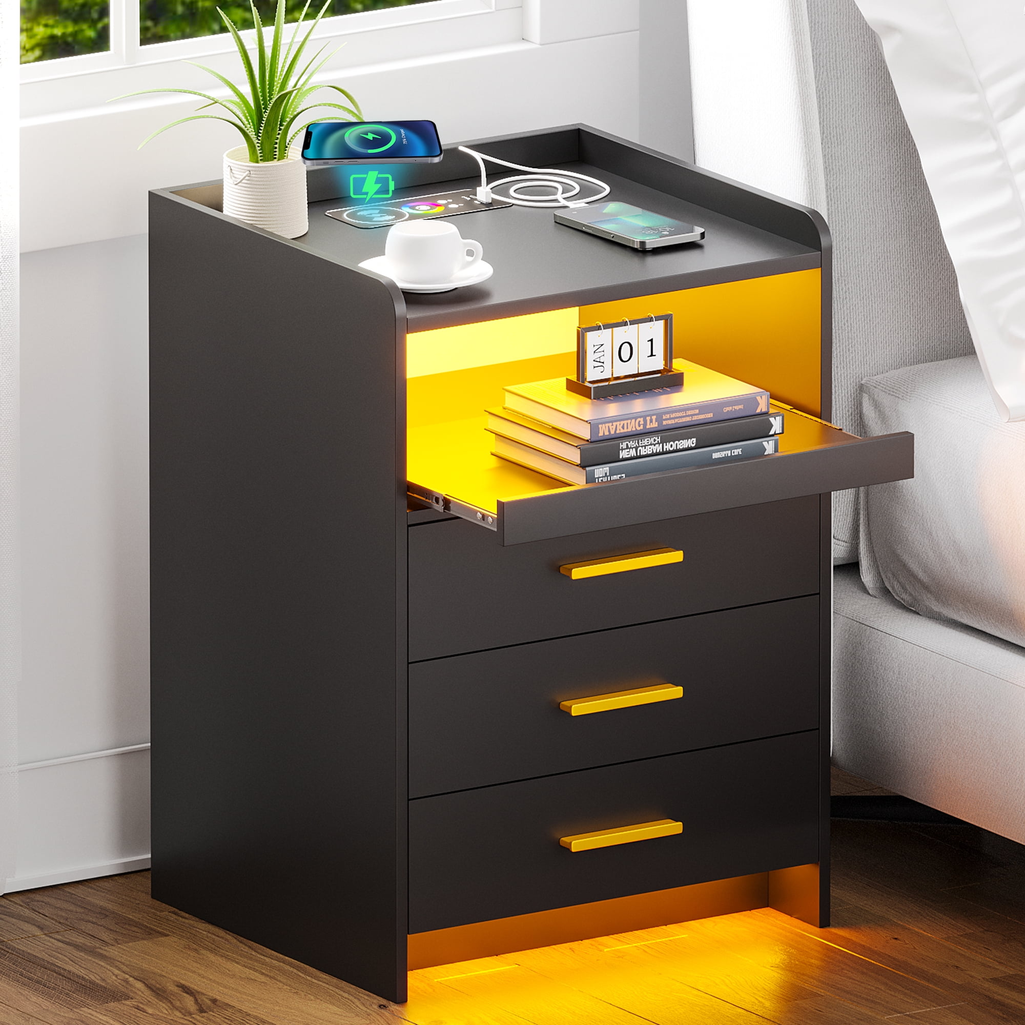 RGB Nightstand with Wireless Charging Station, Auto Sensor LED 24 Color ...