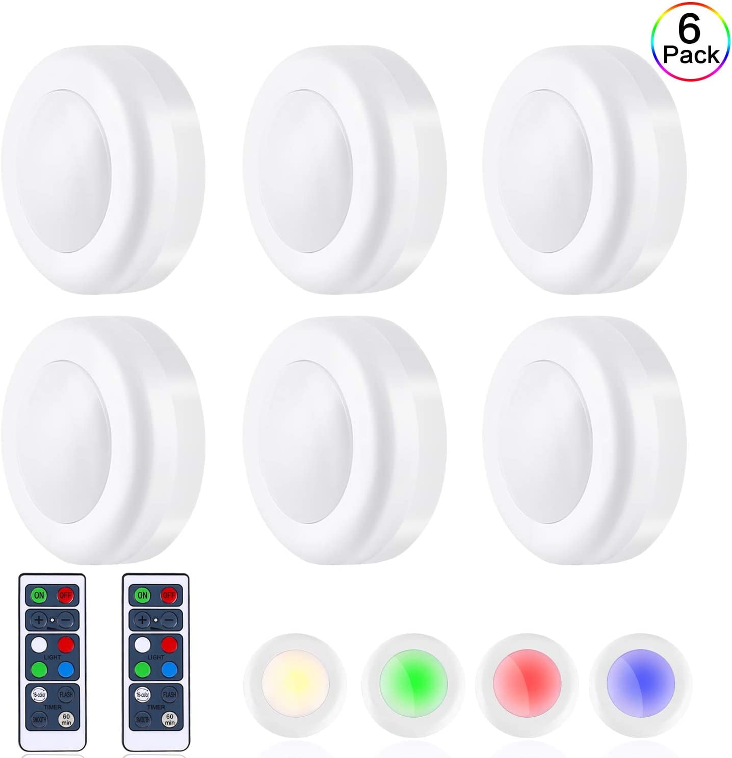 RGB Puck Light, 16 Colors 3 Modes Battery Operated Dimmable Closet ...