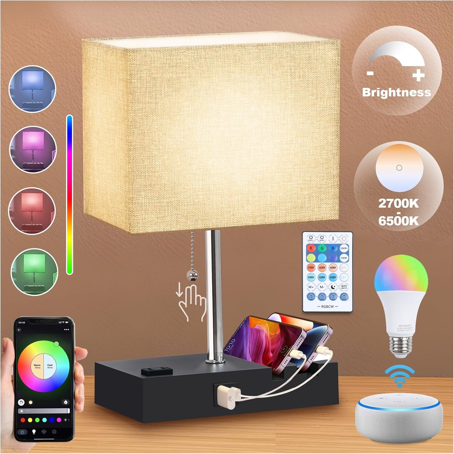 RGB Smart Table Lamp with Remote Control - Alexa Lamp for Bedroom with ...