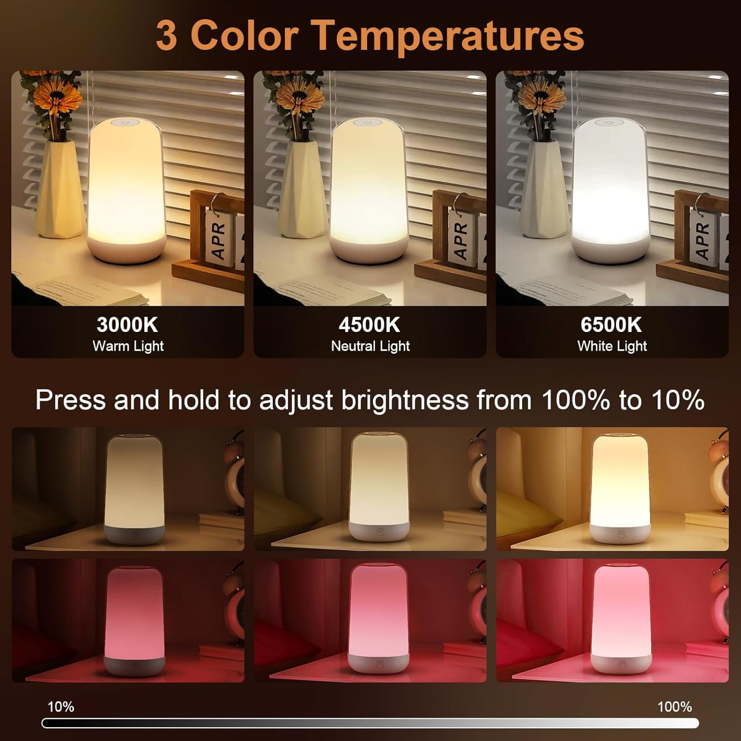 RGB Touch Bedside Lamp for Nightstand, 3 Color Temperatures Portable ...