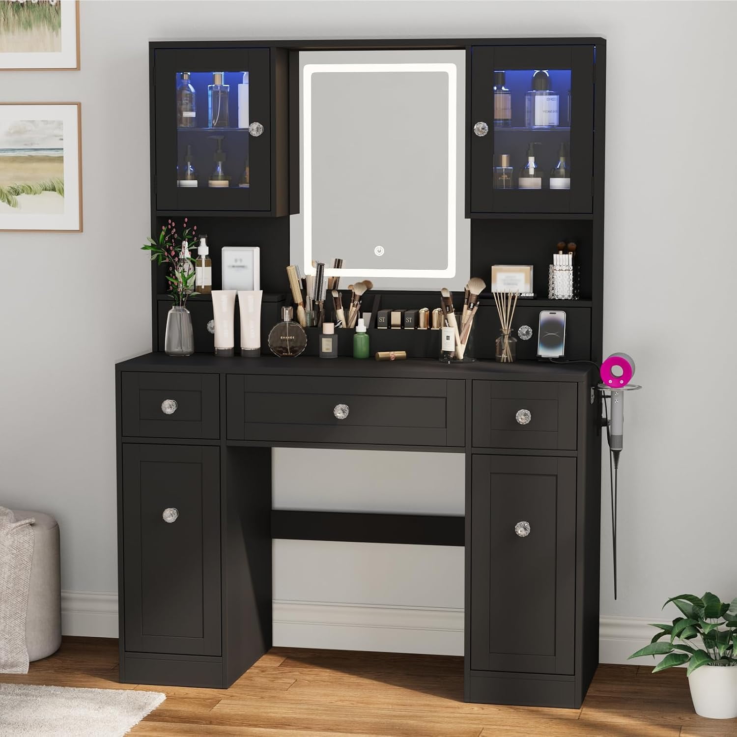 RGB Vanity Desk with Lighted Mirror, Power Outlet, Makeup Vanity with ...