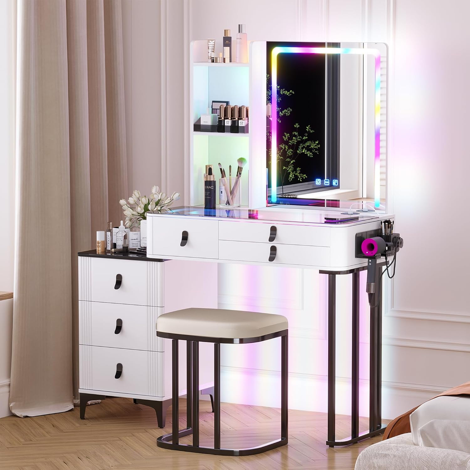 RGB Vanity Desk with Mirror and Lights Glass Top Makeup Vanity Table ...