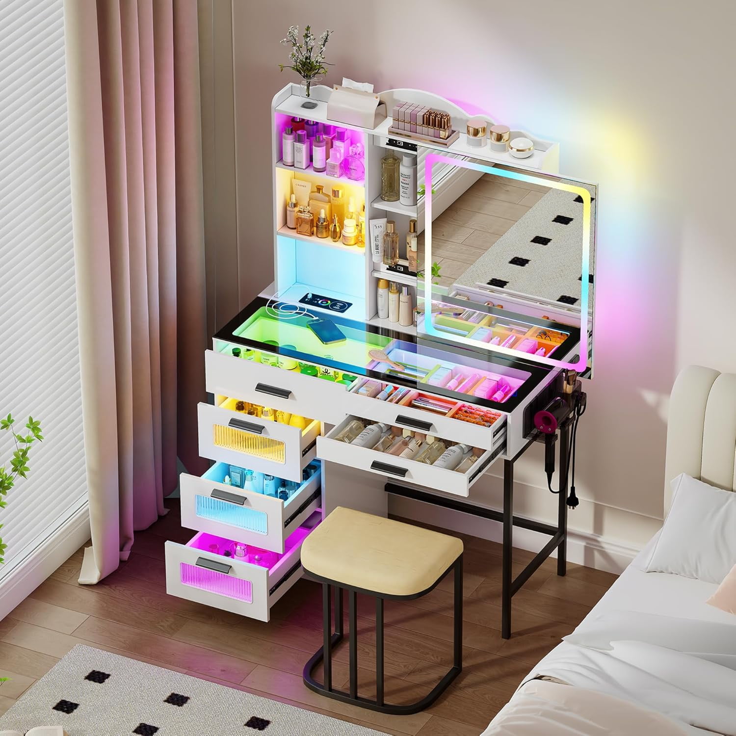 RGB Vanity Desk with Sliding Mirror and Lights,Makeup Vanity with ...