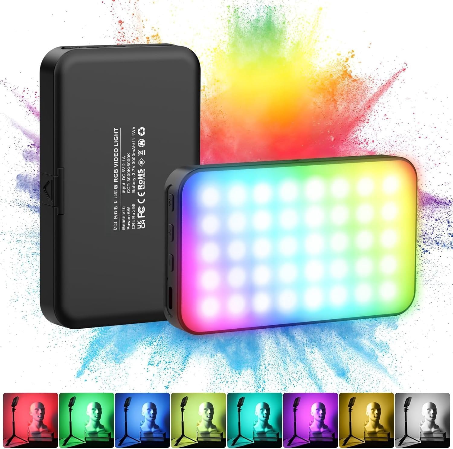 RGB Video Light, Portable LED Camera Light Panel, Dimmable 3000K-6000K ...
