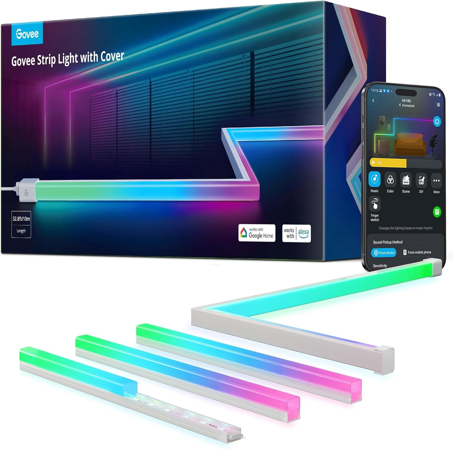 RGBIC LED Strip Lights 32.8ft with Covers, Smart Work Alexa and ...
