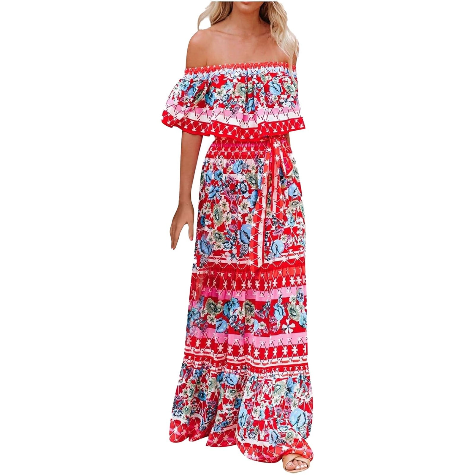 RGDYPKO Sundresses For Women 2025 Bohemian Off Shoulder Maxi Dress With ...
