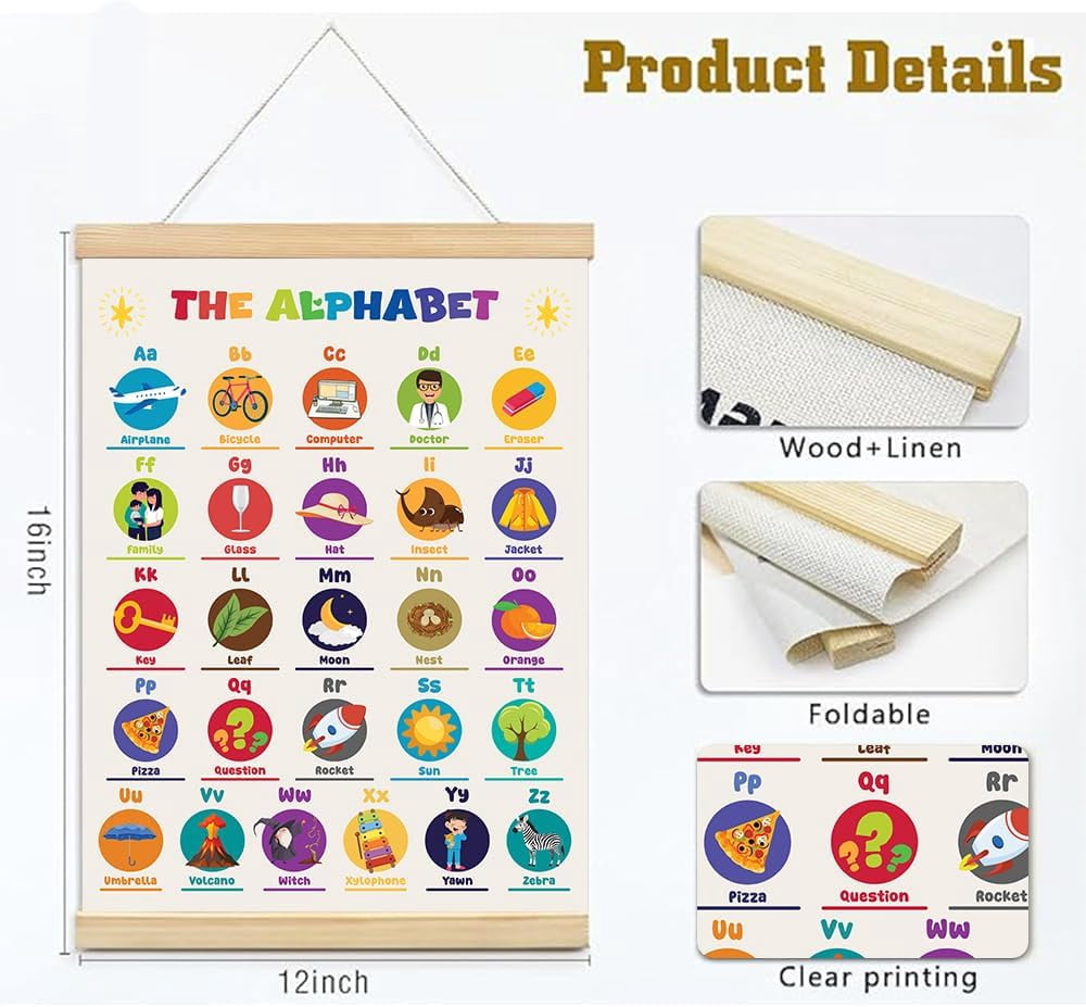 RGHJAR-Alphabet and Numbers Poster – 1 to 100 Chart with Wooden Hanger ...