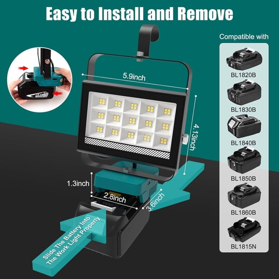 RGRVFD-Cordless LED Work Light for Makita 18V Battery, 60W 6000LM Flood ...