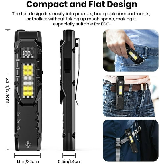 RGRVFD-EDC Tactical Flashlight, 1100 High Lumens Rechargeable LED Flat ...