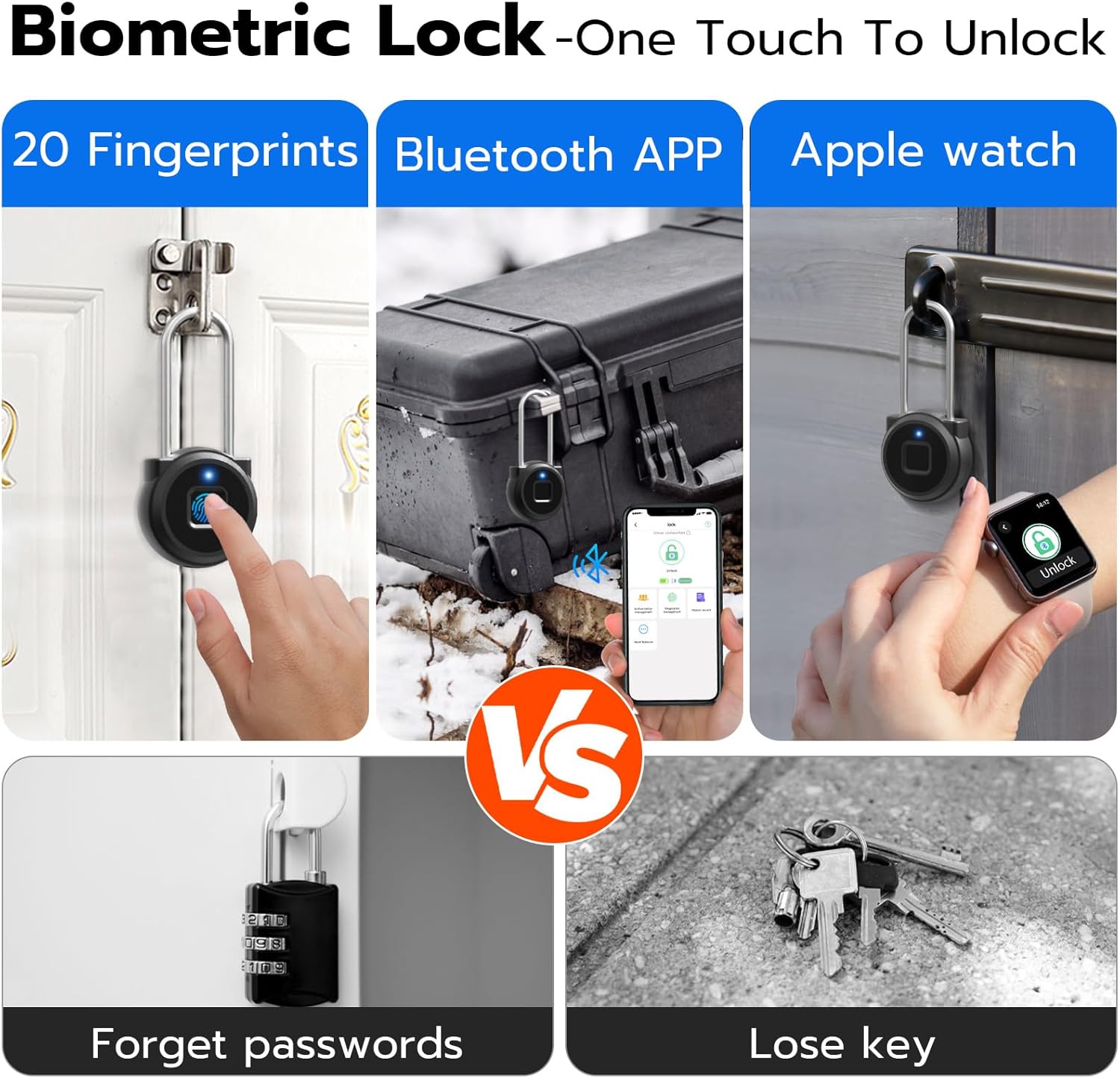 RGRVFD-Fingerprint Lock, 2.1 Inch Long Shackle Locker Lock Digital ...