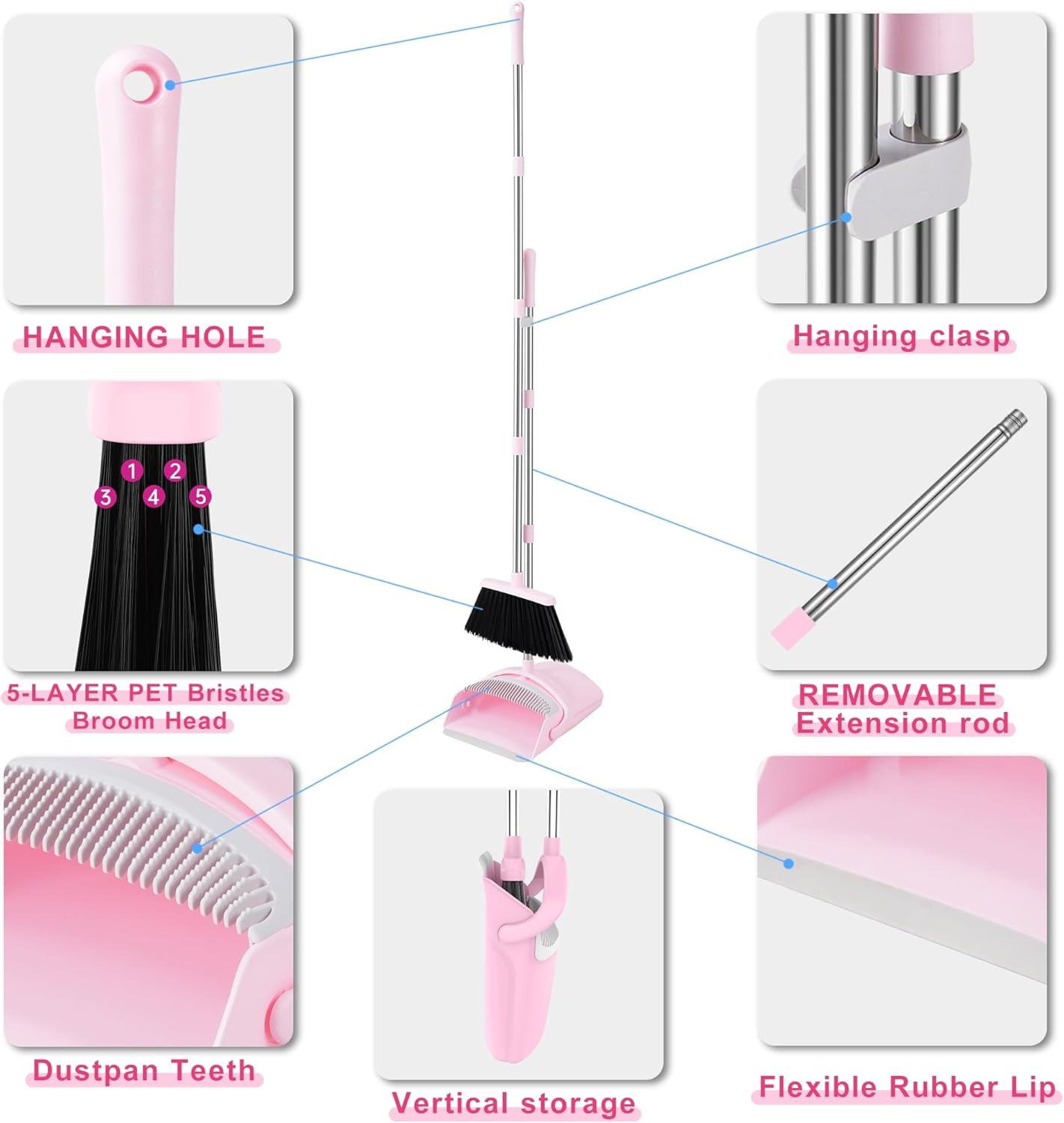 RGRVFD-Pink Broom and Dustpan Set, 52” Long Adjustable Handle Broom ...