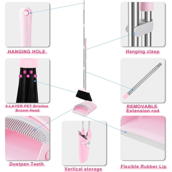 RGRVFD-Pink Broom and Dustpan Set, 52” Long Adjustable Handle Broom ...