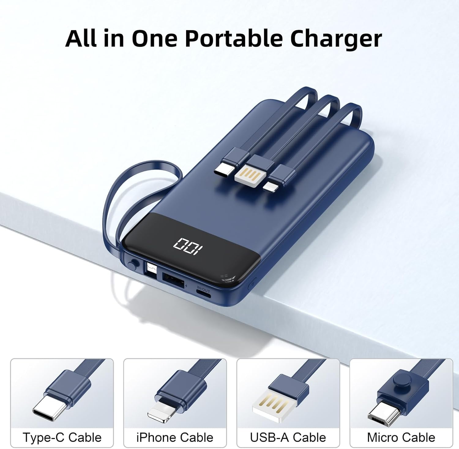 RGRVFD-Portable Charger 10000mAh Power Bank with Built-in Cable, 5 ...