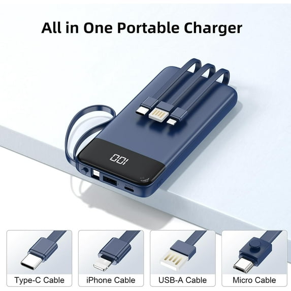 RGRVFD-Portable Charger 10000mAh Power Bank with Built-in Cable, 5 ...