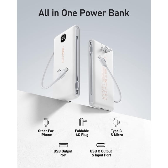 RGRVFD-Portable Charger with Built in Cables 10000mAh, Power Bank for ...