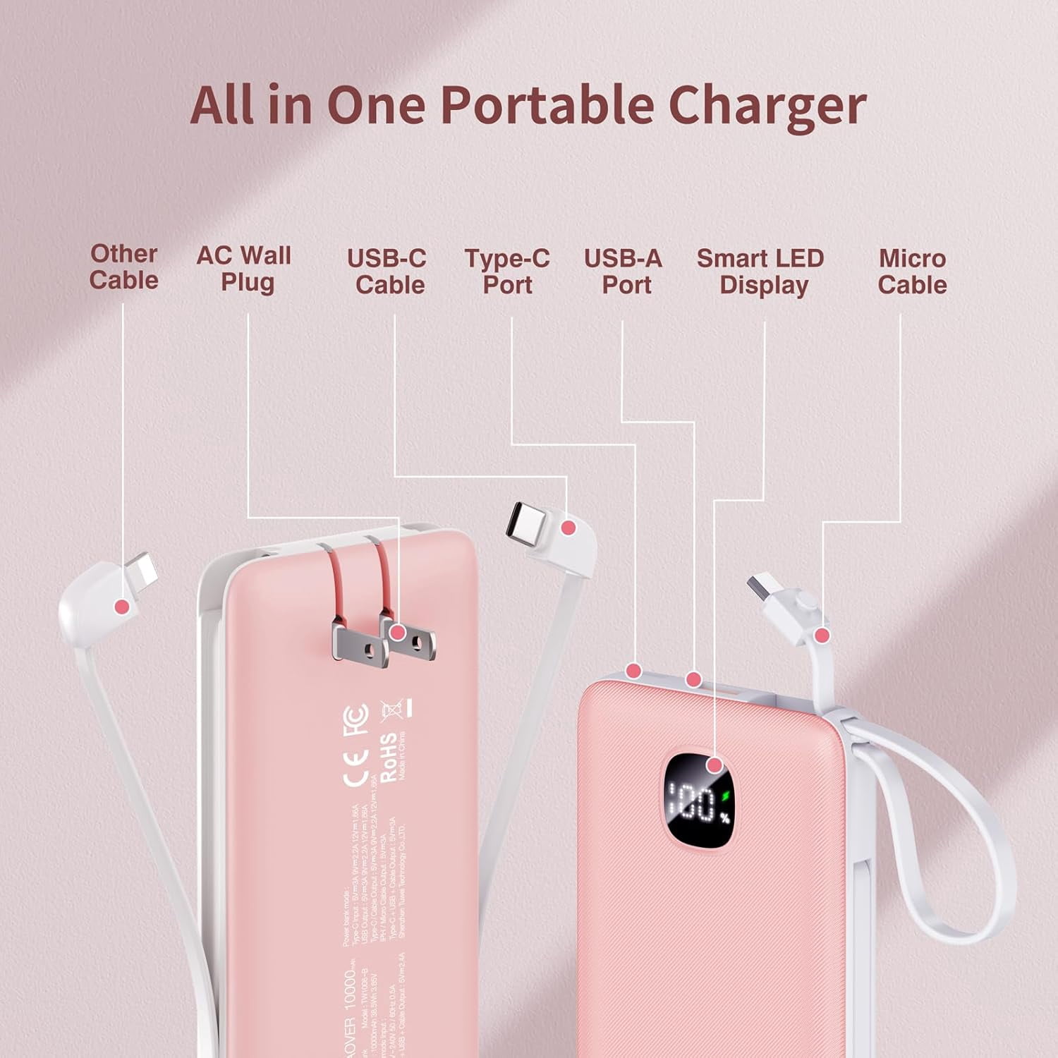 RGRVFD-Portable Charger with Built-in Cables&AC Wall Plug,Slim 10000mAh ...