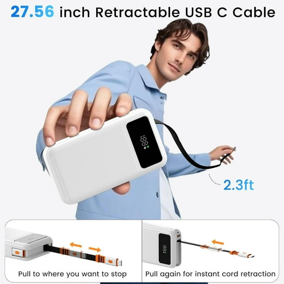RGRVFD-Power Bank 10000mAh with Built-in 2.3ft Retractable Cable ...