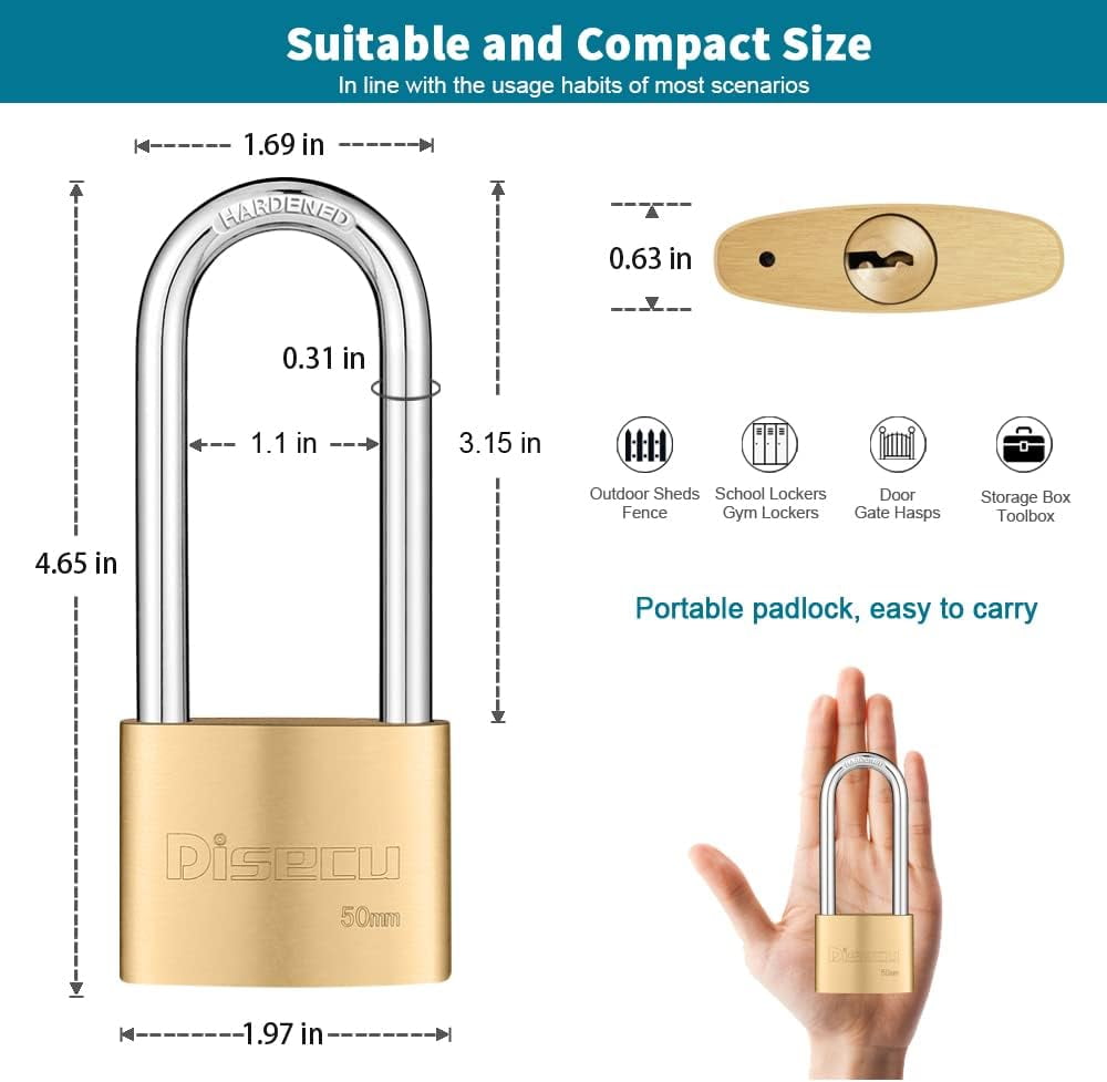 RGRVFD-Solid Brass Keyed Padlock,2 Inch (50mm) Wide Body, 3.2 Inch Long ...