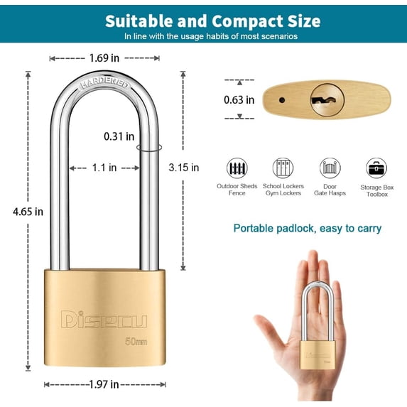 RGRVFD-Solid Brass Keyed Padlock,2 Inch (50mm) Wide Body, 3.2 Inch Long ...