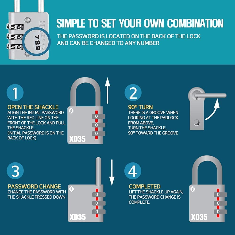 RGRVFD-XD35 Combination Lock, 3-Digit Padlock for School Gym Sports ...