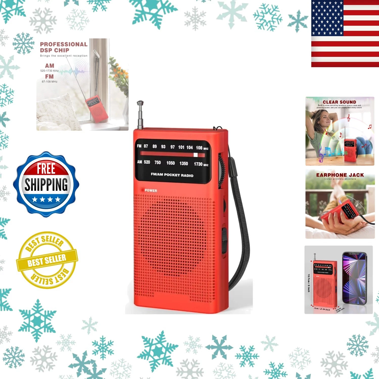 RHEA- Portable Am Fm Radio Compact Transistor Pocket Black Travel ...