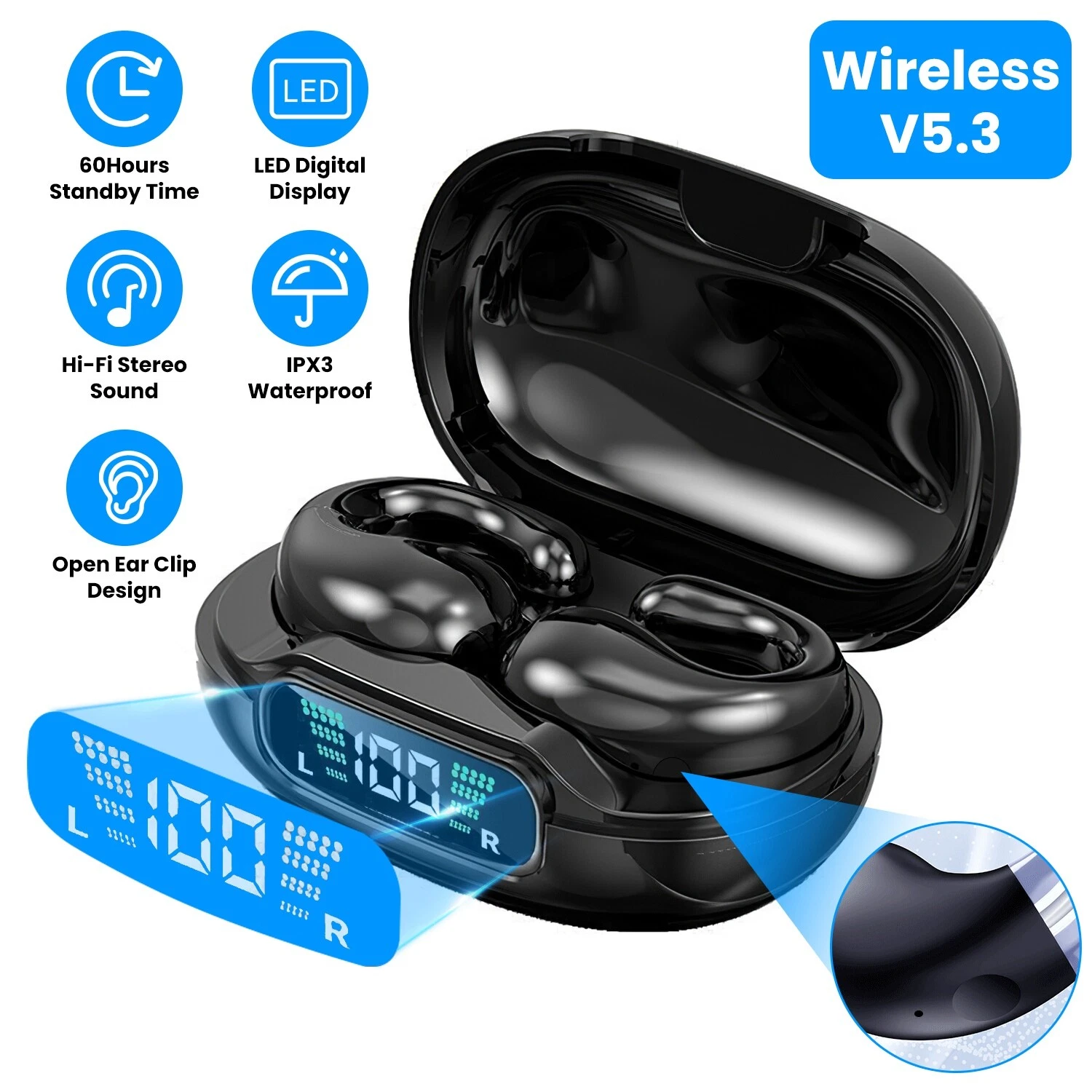 RHEA- Wireless V5.3 Earbuds Open Ear Clip Over Ear Bone Ultra Open ...
