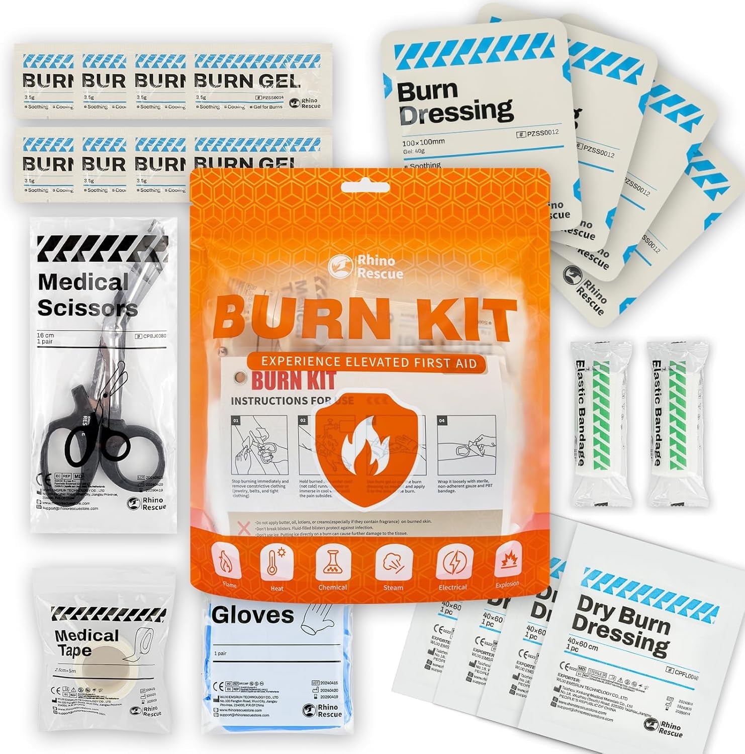 "RHINO RESCUE First Aid Burn Kit - 4x4"" Dressings, Gel Packets ...