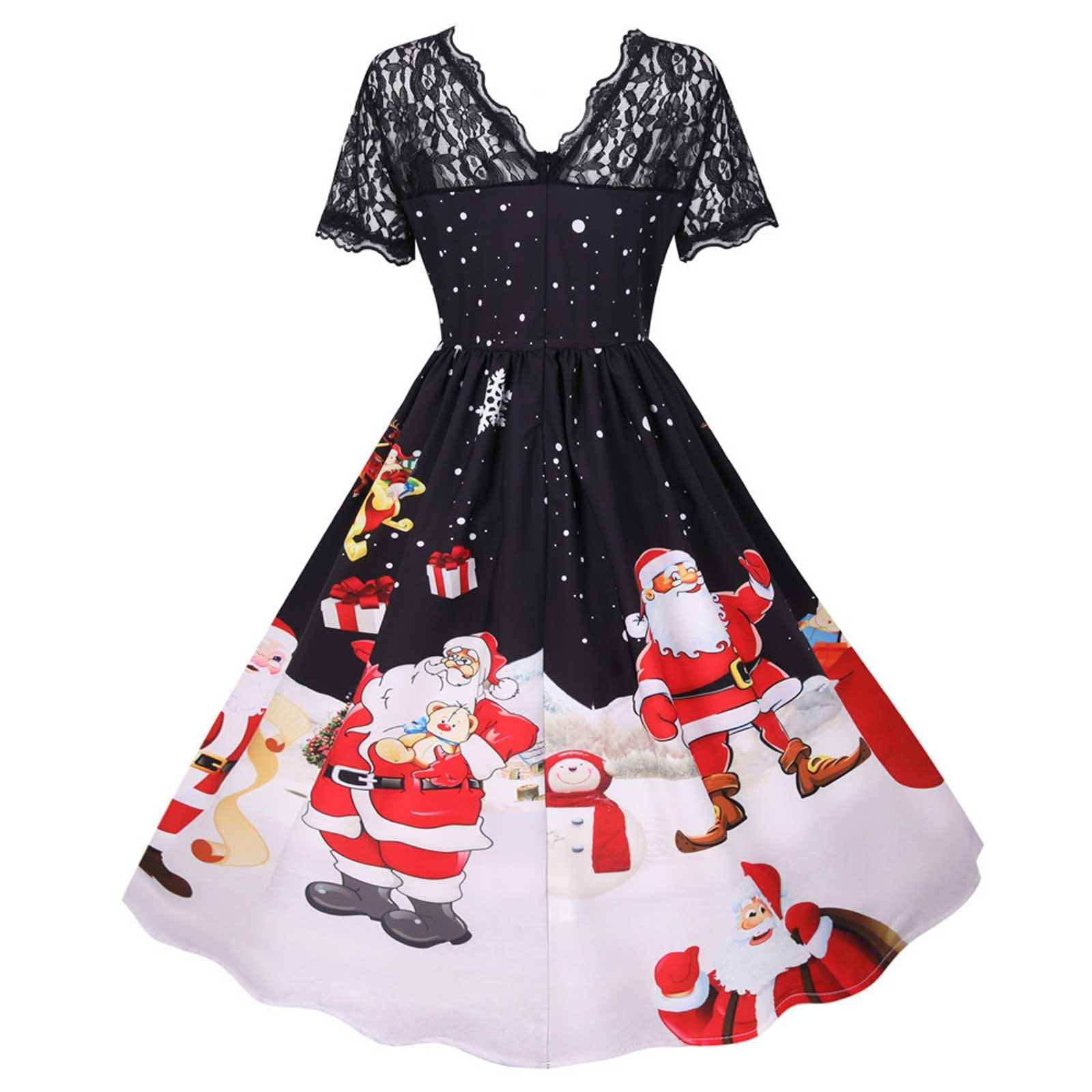 Rhwhogll Womens 50s 60s Vintage Short Sleeves V Neck Cocktail Swing