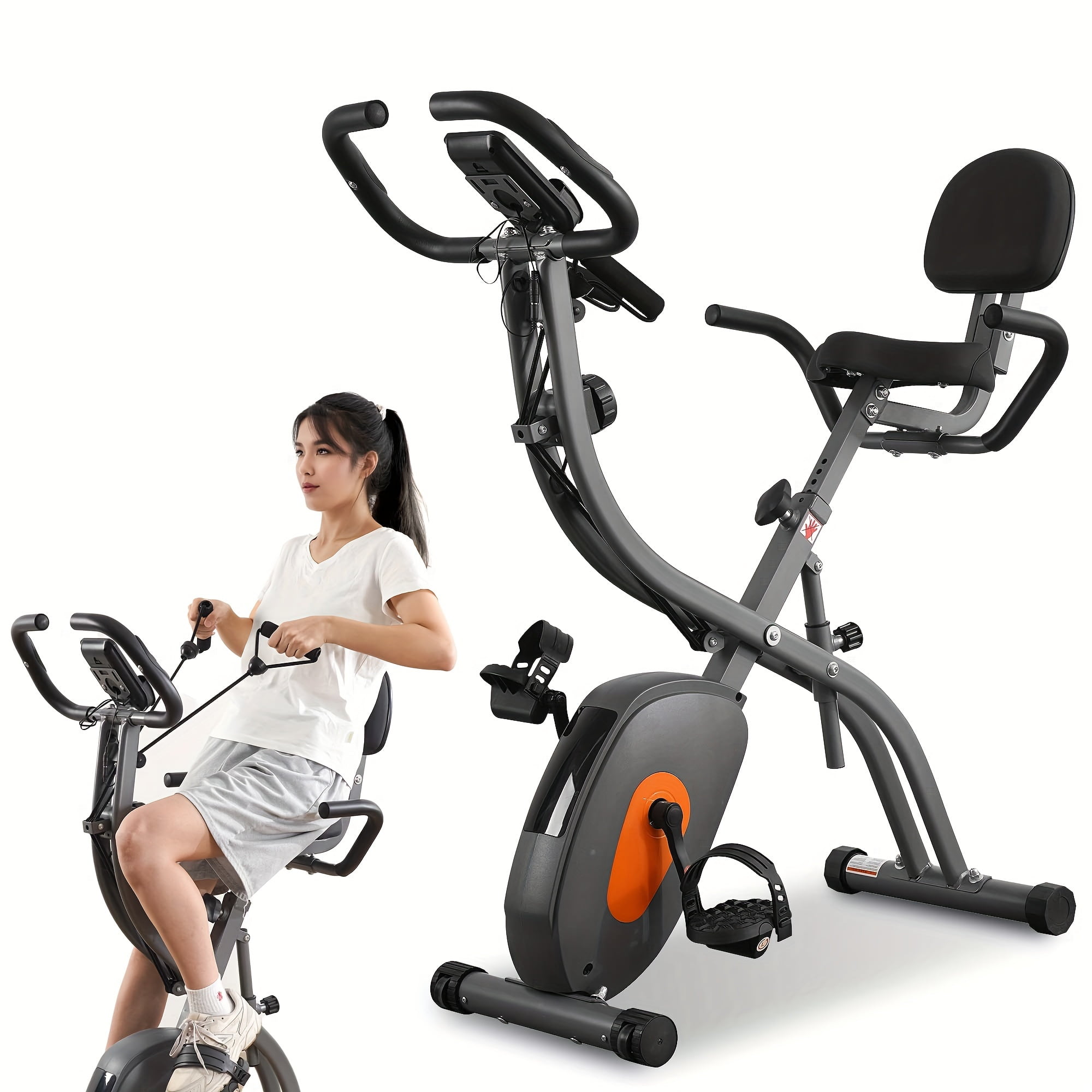 RHYFJJUI2 Folding Exercise Bike Stationary Exercise Bike With Support Back Pad And Phone Tablet Holder Arm Resistance Band Pulse Sensor LCD Monitor