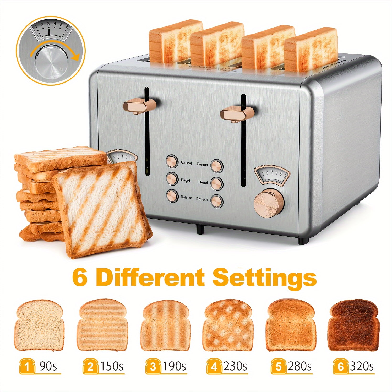 RHYFJJUI2 Stainless Steel 4 Slice Toaster, Extra-Wide Slot of 1.5 in ...