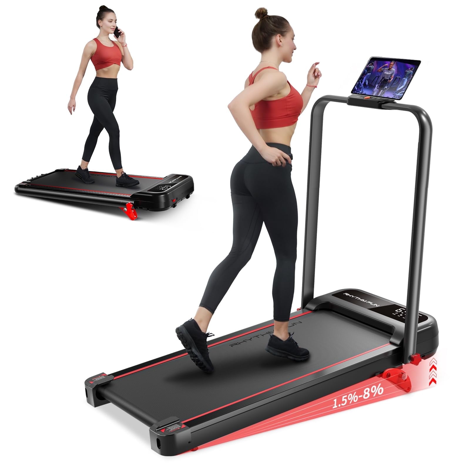 RHYTHM FUN Incline Foldable Treadmill, Compact Walking Pad with Handles ...