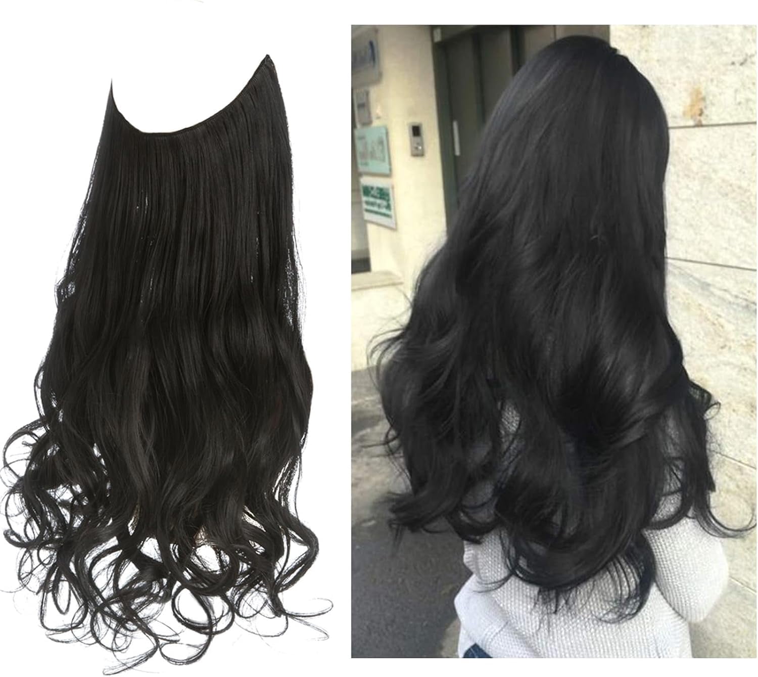 RIBONI 18Inch Natural Black Invisible Wire Hair Extensions Halo Hair ...