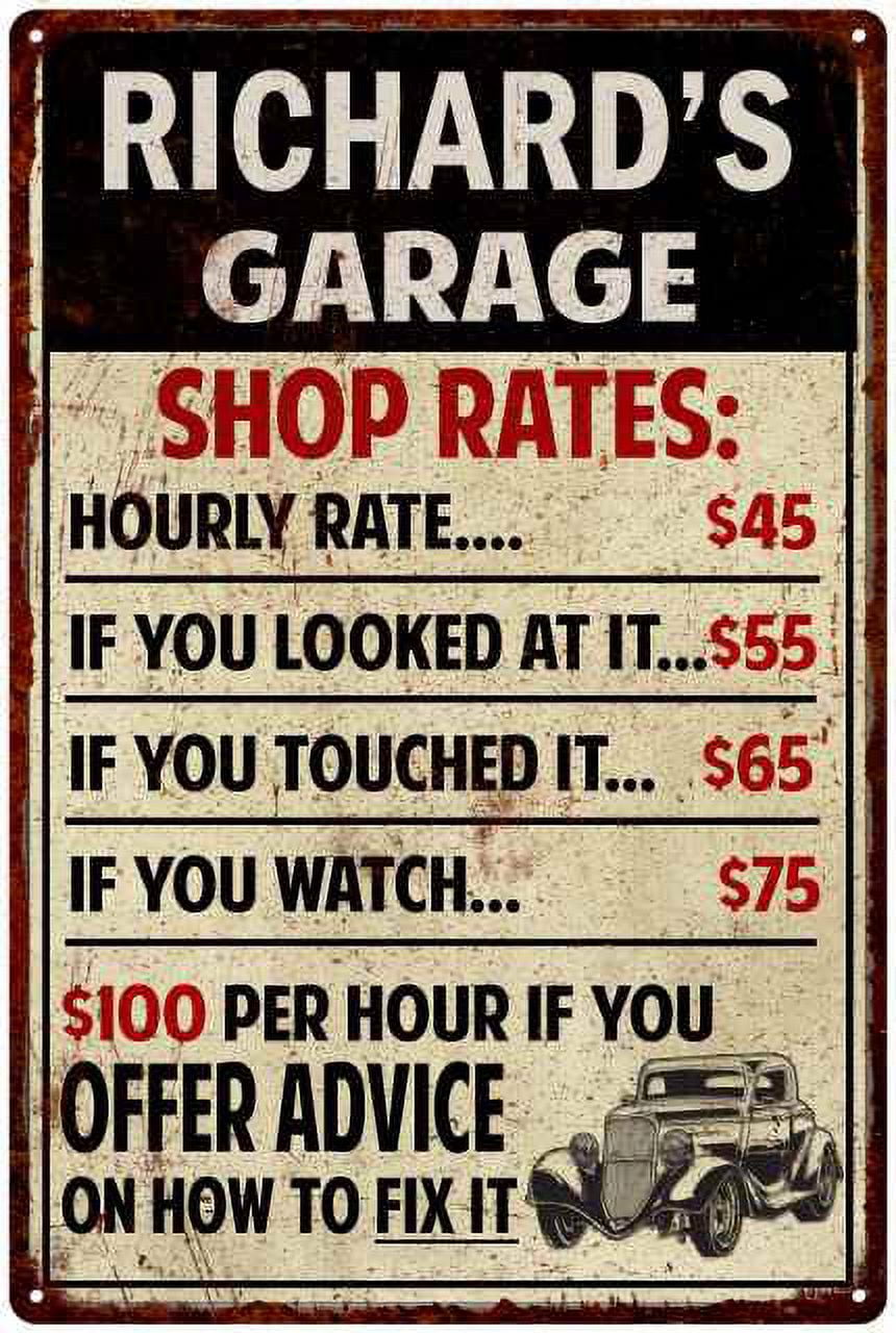 RICHARD'S Garage Shop Rates Sign Man Cave Decor Gift 8x12 Metal ...