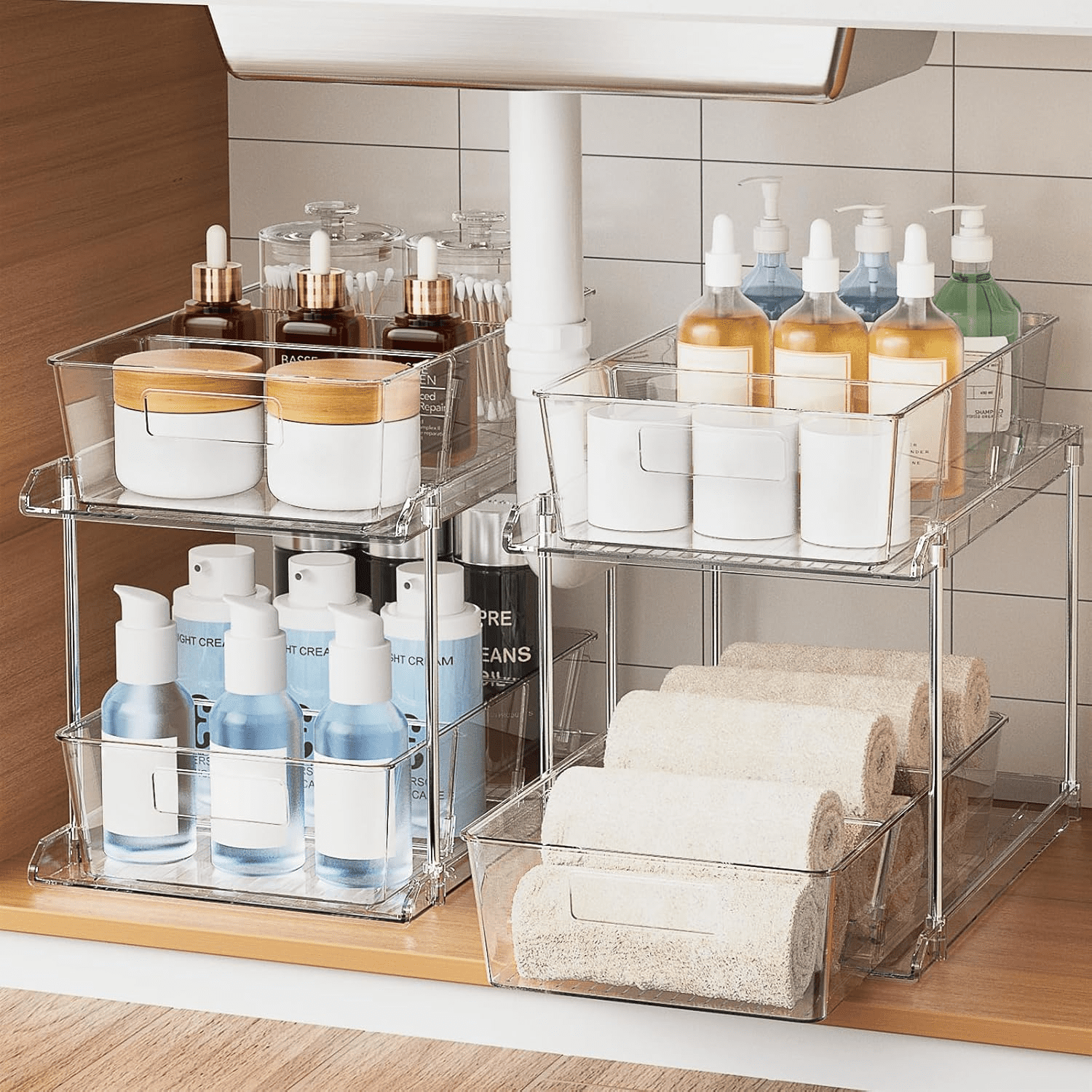 RICHMEWQ Pull-out Organizer 3 Pack 2 Tier Clear Bathroom Organizer with ...