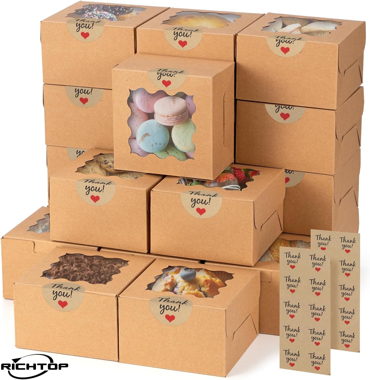 RICHTOP 40 Pcs Brown Cookie Boxes with Window, 4x4x2.5 inch Bakery ...
