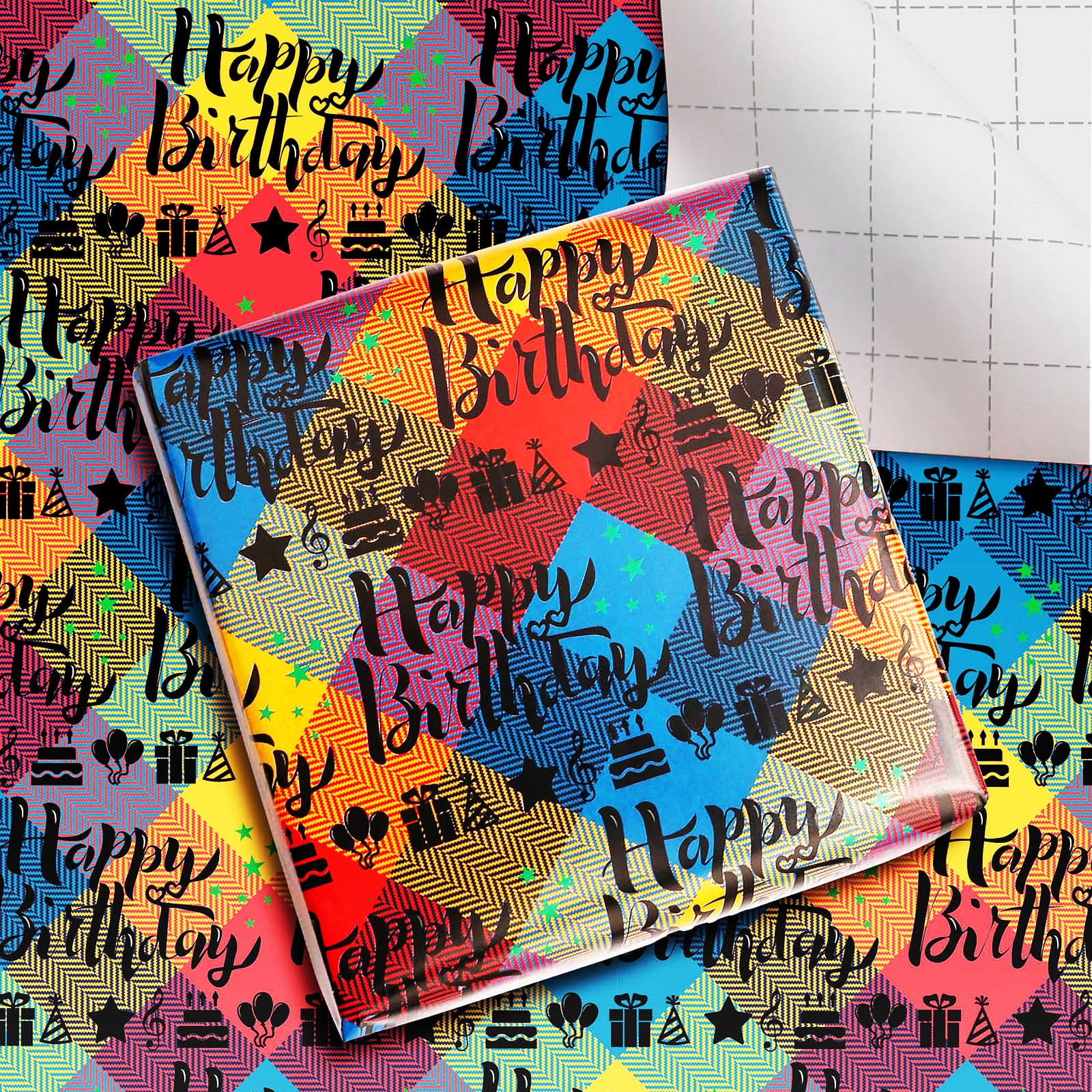 Colorful Plaid Birthday Wrapping Paper - Party Gift Wrap, 3 Large ...